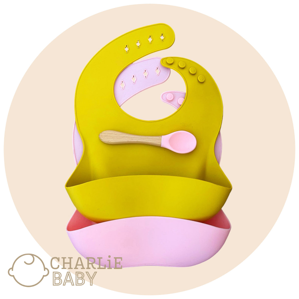Bucket Bibs and Spoon Combo- Pink/Mustard – Silicone Beads SA
